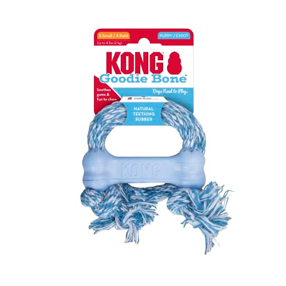 KONG - Puppy Goodie Bone with Rope - Teething Rubber, Teeth Cleaning Dog Toy - for X-Small Puppies - Blue