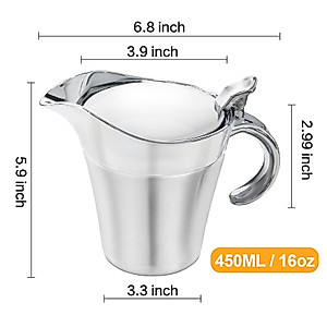 Stainless Steel Gravy Boat, Double Insulated Gravy Sauce Jug with Hinged Lid for Family Dinner, Thanksgiving, Halloween, Christmas (450ml-16oz -Silver)