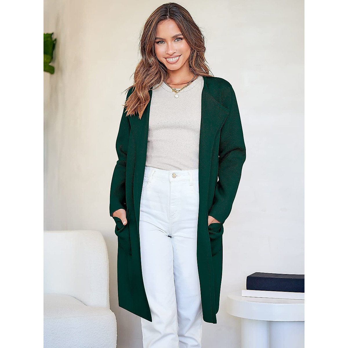 ANRABESS Women's Open Front Knit Lightweight Cardigan Casual Long Coatigan Sweater Lady Jacket Coat 2025 Fall Outerwear Opal Green Large