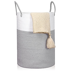 Fixwal 72L Laundry Basket, 16 x 22inches Large Laundry Hamper Tall Cotton Rope Woven Decorative Storage for Living Room, Toys, Towels, Clothes Baby Nursery Bin, (Grey/White)