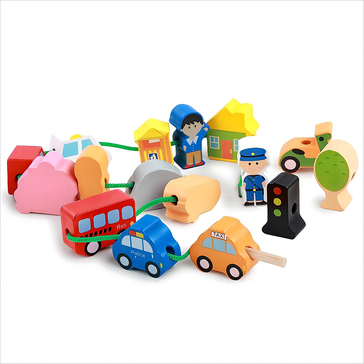KanCai Wooden City Figures and Cars Lacing & Stringing Beads Toys Over 3 4 5 Year Old Kids Block Set Toy