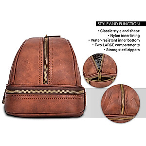 Vetell Classic Leather Men's Travel Toiletry Bag and Dopp Kit with Upper and Lower Zippered Compartments, 2 Mesh Bottle Pouches and Carrying Handle