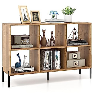 Tangkula 6 Cube Bookshelf, 2-tier Wood Storage Open Bookcase with Elevated Metal Legs, 5-Position Adjustable Shelf, Anti-toppling Device, Freestanding Organizer Storage Shelf for Home Office (Natural)