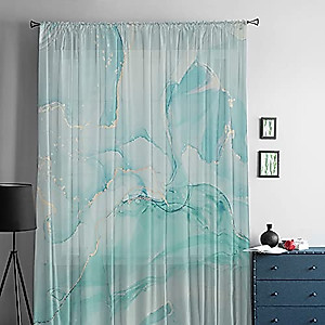 Chiffon Sheer Curtains & Drapes 54 Inch Long, Lightweight Breathable Voile Window Curtain Panels Turquoise Green Marble with Gold Glitter Splatter Curtains Backdrop Drapes for Livingroom Wedding