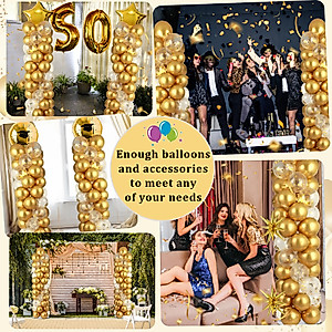 2 Sets Metallic Gold Balloon Column Stand Kit with 100 Balloons Adjustable Balloon Tower Stand with Bases for Floor Gold Confetti Balloons Column Kit for Birthday Wedding Anniversary Graduation Party