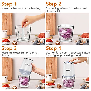 Mini Food Processor with 2.5 Cup Glass Bowl, Acekool Small Electric Food Chopper for Vegetables Meat Fruits Nuts Puree - 300W 2 Speed Kitchen Food Processor With Sharp Blades