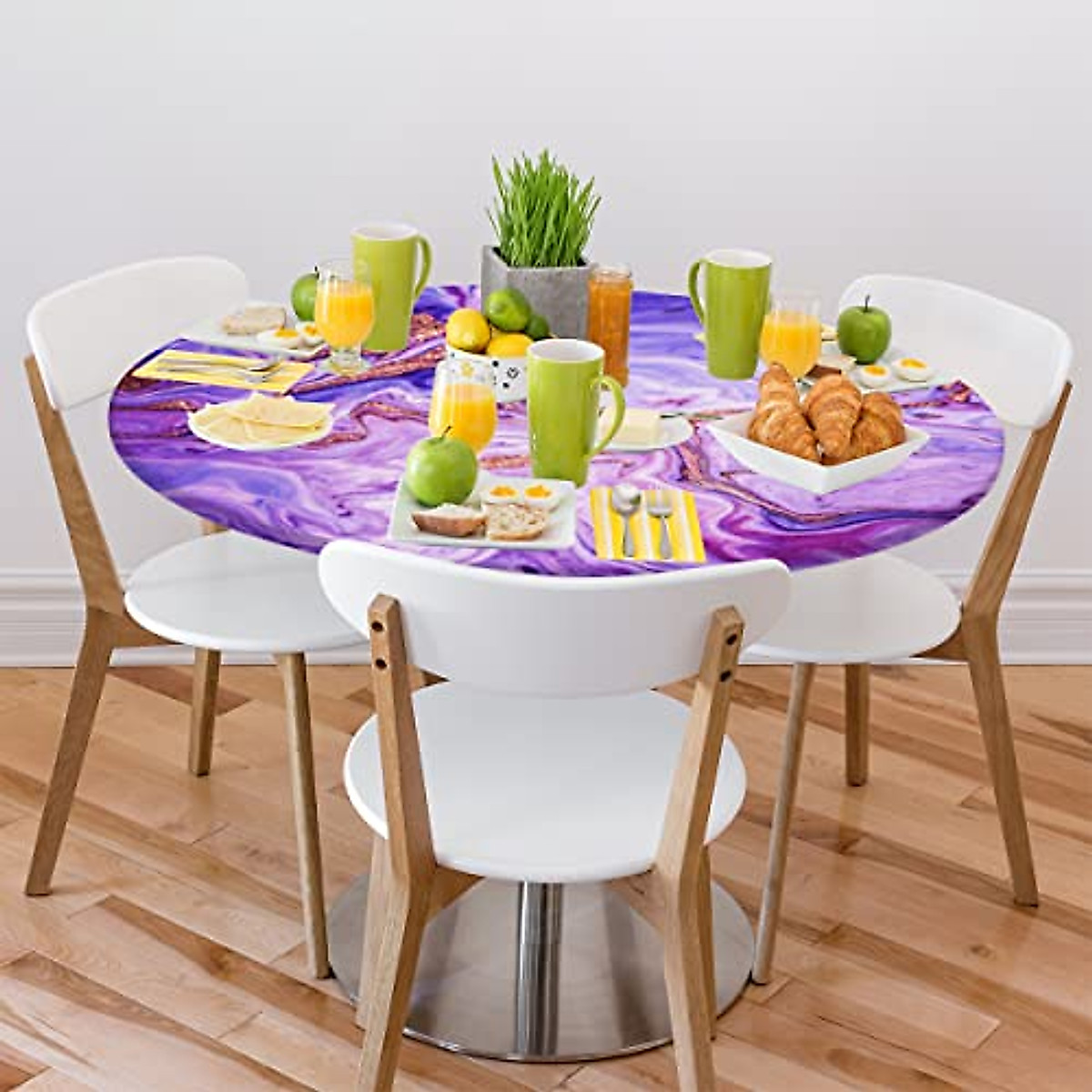 Purple Marble Fitted Tablecloth, Abstract Cute Elastic Edge Round Tablecloth Cover Fit Table 36-42 Inch Diameter, Waterproof Stain Resistant Polyester Tablecloth for Kitchen Dining Picnic Party