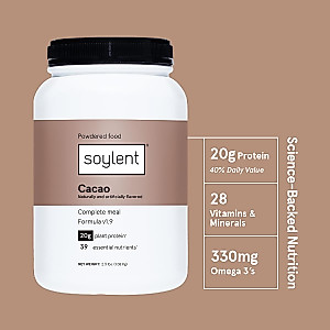 Soylent Complete Nutrition Meal Replacement Protein Powder, Cacao - Plant Based Vegan Protein, 39 Essential Nutrients - 36.8oz