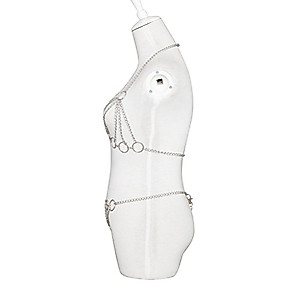 ADESUGATA Sexy Woman Tassel Body Harness Chain Cross Enticing Tassel Body Link Harness Metal Chain Sexy Lingerie Set (B) Silver