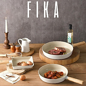 FIKA Kitchen Essential 3-Piece Stir Frying Pan Set with Wood Handle, Healthy Cooking Nonstick Ceramic Coating Skillet, Tamagoyaki Omelet Pan, Induction Compatible Cookware, Made in Korea