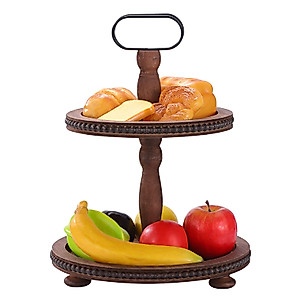 Urban Deco Wooden Decorative Tray Two Tiered Tray Decorations Round Serving Tray with Metal Handle, Wooden Cupcake Stand for Party Tiered Dessert Stand - Dark Brown Farmhouse Wooden Tray
