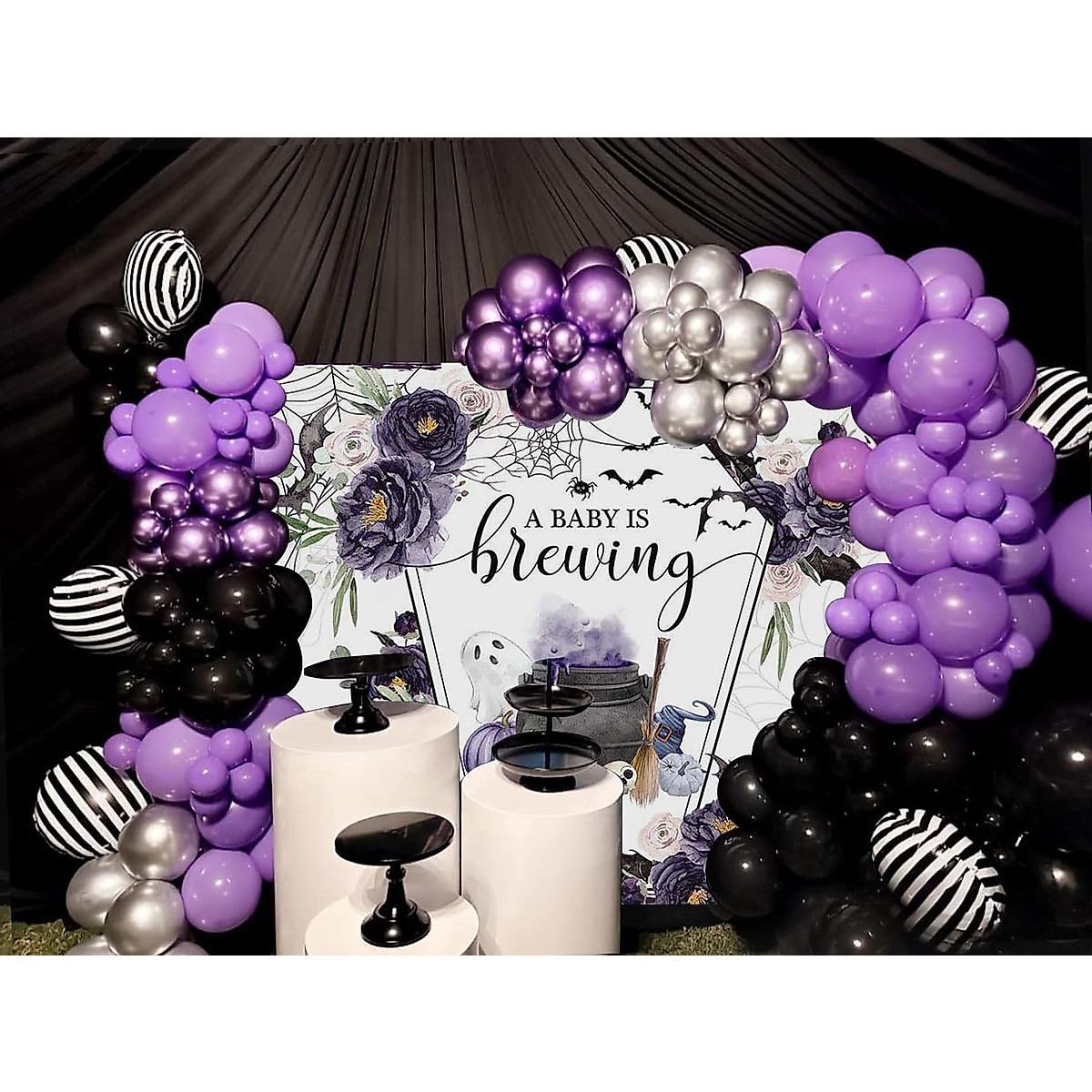 Mocsicka Halloween Baby Shower Backdrop A Baby is Brewing Baby Shower Party Decoartion Watercolor Flower Coffin Vampire Bat Baby Sprinkle Banner (Purple, 7x5ft(82''x60''))