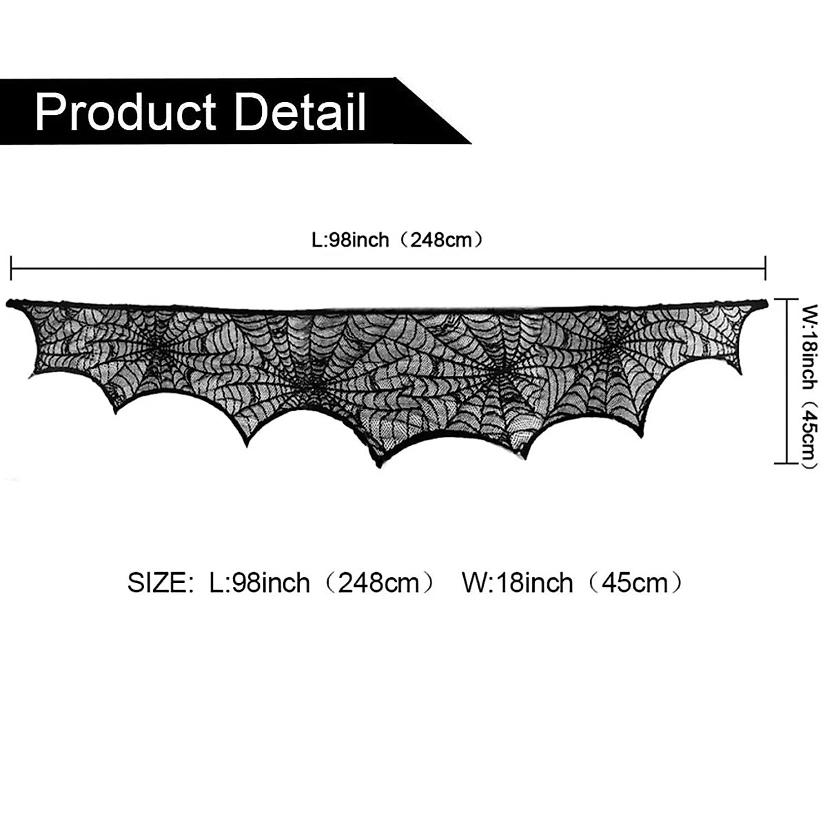 CACCO Halloween Fireplace Mantle Decorations,Black Lace Spiderweb Fireplace Mantle Scarf Cover Garland Festive Party Supplies 45 X 248cm 18 x 98 inch (Black)