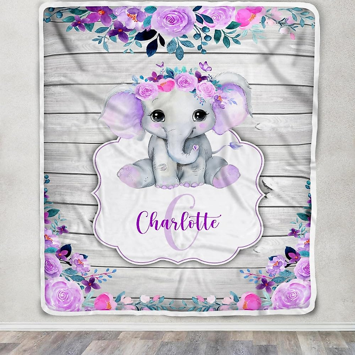 CenturyTee Personalized Baby Blanket Monogram Purple Floral Elephant Custom Nursery Swadding Boy Girl with Name Daughter Granddaughter Niece Birthday Fleece Blanket (30 x 40 in Baby Size)