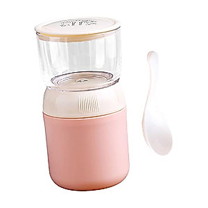 Gralara Lunch Pot Yogurt Container 2 Tier Spoon Portable Detachable Stainless Steel for Milk Salad Soup Yogurt Adults, Pink