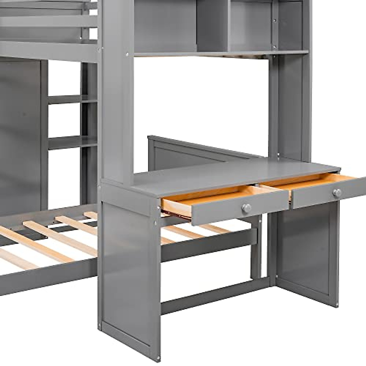 Twin Size Loft Bed with Desk and Wardrobe, Wood Loft Bed Frame with Storage Shelves and A Stand-alone Bed, Twin Over Twin Bunk Bed Frame for Kids Teens Adults (Bottom Bed Can Be Moved, Gray)