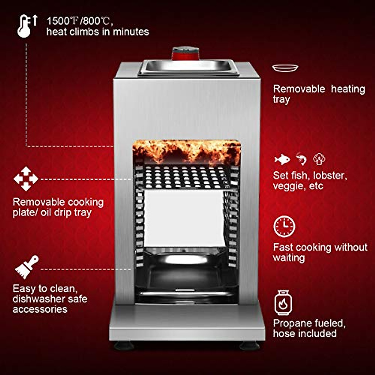 COSTWAY Propane Steak Infrared Grill, 1500℉ of Intense Heat, 7000 BTU Compact Outdoor Grill Machine, Large Heating Place, Stainless Steel, for Tailgating, Gas Cylinder Connection, CSA/ETL Certificated