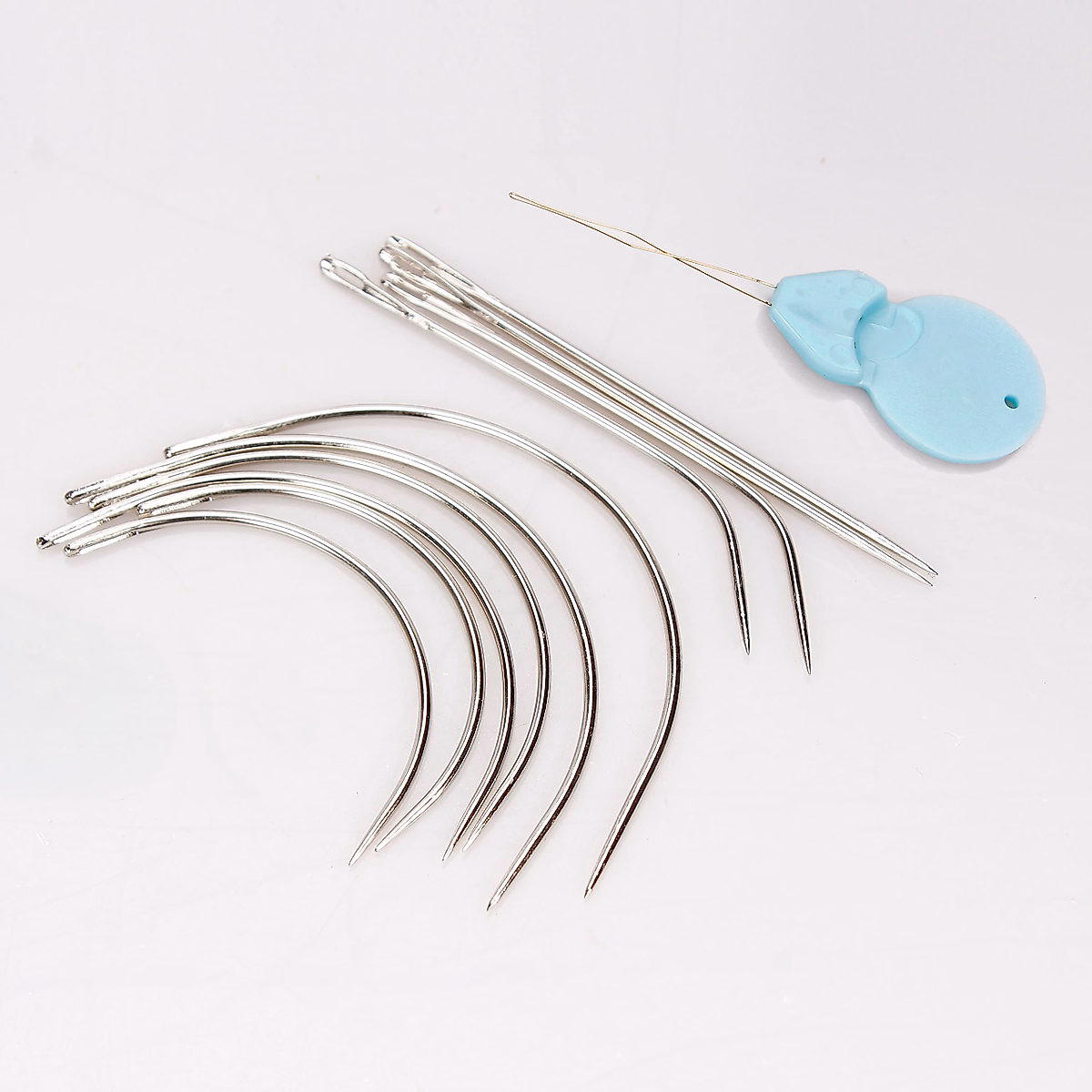 Lusecarl Needle and Thread for Hair Extensions 3 Rolls Hair Weave Sewing Threads with 10 Pcs C J I Shape Curved Upholstery Needles for Hand Sewing, Hair Extensions, Making Wigs DIY (10+3, Black)