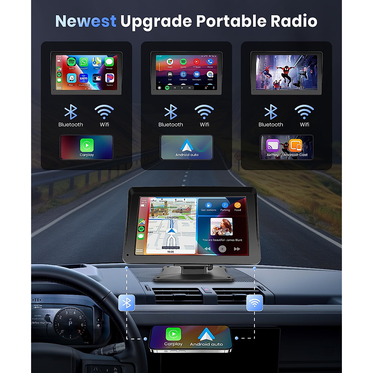 Podofo Portable Car Stereo Wireless Apple Carplay Android Auto,7 Inch Touch Screen Car Radio with Bluetooth Hands-Free/Mirror Link/Maps Navigation/Voice Control/TF Card/AUX,for Cars, Trucks, SUVs