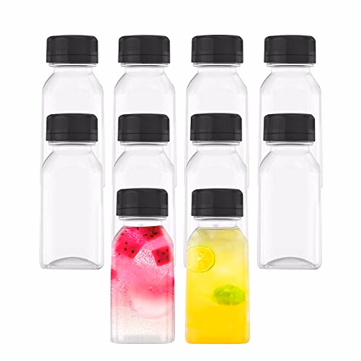 4 OZ Plastic Juice Bottles, Reusable Bulk Beverage Containers, Comes Black lid, for Juice, Milk and Other Beverages, 10 Pcs.