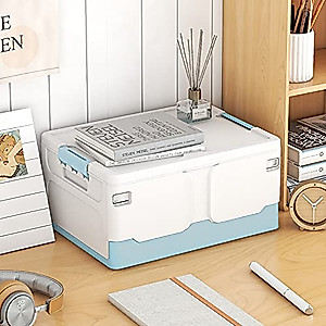 Atezch_ Collapsible Storage Bins with Lids Folding Plastic Stackable Utility Crates Container Organizer Cube for Home Office Closet (Blue)