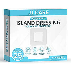 JJ CARE Waterproof Adhesive Island Dressing [Pack of 25], 4" x 4" Sterile Island Wound Dressing, Breathable Bordered Gauze Dressing, Individually Wrapped Latex Free Bandages with Non-Stick Central Pad