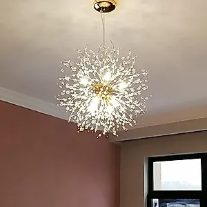 Yiisem Gold Crystal Chandeliers, 9-Light Modern Dandelion Firework Pendant Lighting, G9 Hanging Chandelier Light Fixtures for Dining Room Bedroom Hallway Kitchen Aisle