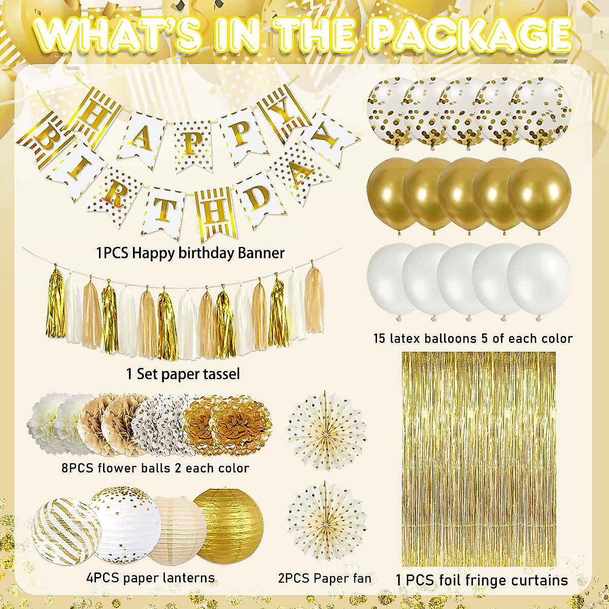 Gold Birthday Decorations Happy Birthday Party Decorations Set with Gold Birthday Banner, Gold White Yellow Balloons Paper Pom Poms, Gold Tassel Garland for Women Grils Kids Birthday Party Supplies