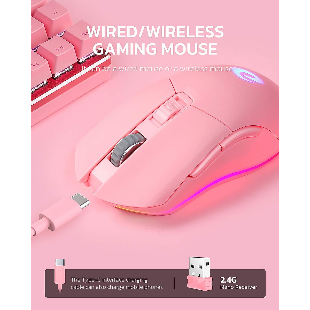 DAREU Pink Wireless Wired Gaming Mouse Dual-Mode Rechargeable 7 Programmable Buttons,10K DPI,RGB and 7 Adjustable DPI Levels up to [150IPS] [1000Hz Polling Rate] for PC Notebook Mac