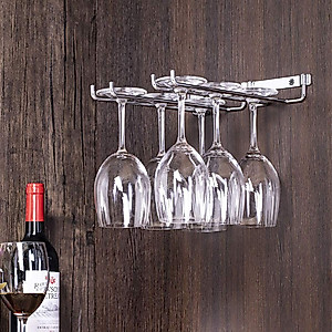 Stemware Wine Glass Rack Wall Mountable Heavy Duty Thick Wrought Exquisite silver chrome 2 Rows 10.2 Inch Deep,Metal Storage Hanger for Kitchen or Bar