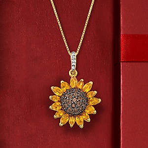 Ross-Simons 1.70 ct. t.w. Citrine and .80 ct. t.w. Smoky Quartz and .10 ct. t.w. White Topaz Sunflower Pendant Necklace in 18kt Gold Over Sterling. 18 inches