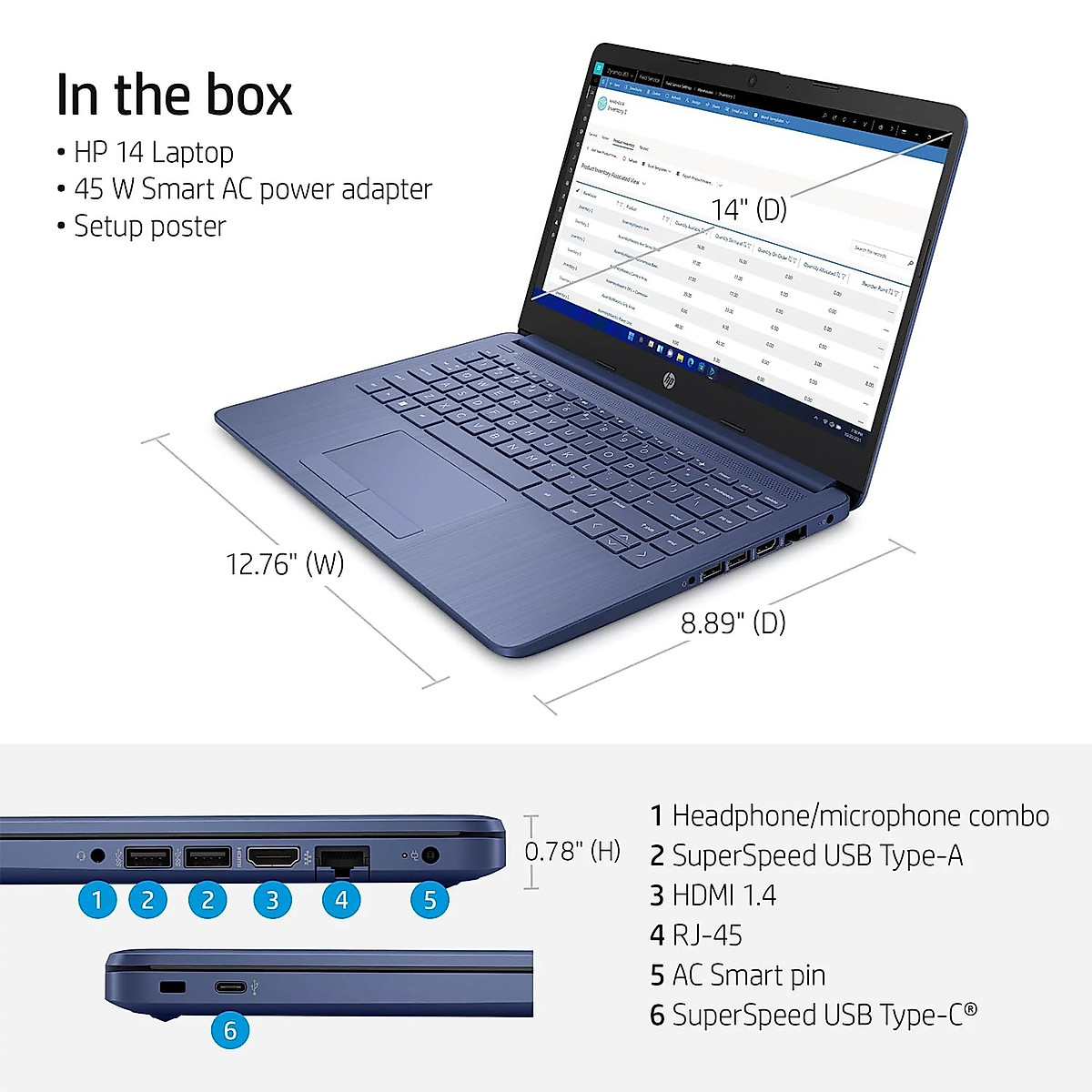 HP Portable Laptop (Include 1 Year Microsoft 365), 14’’ HD Display, 16GB RAM, 64GB eMMC, Intel Quad-Core N4120, Student and Business, Webcam, HDMI, Wi-Fi, RJ-45, Windows 11 Home, Grayish Blue