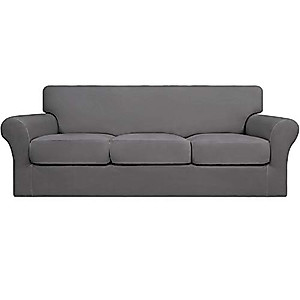 Easy-Going 4 Pieces Stretch Soft Couch Cover for Dogs - Washable Sofa Slipcover for 3 Separate Cushion Couch - Elastic Furniture Protector for Pets, Kids (Sofa, Light Gray, Large)