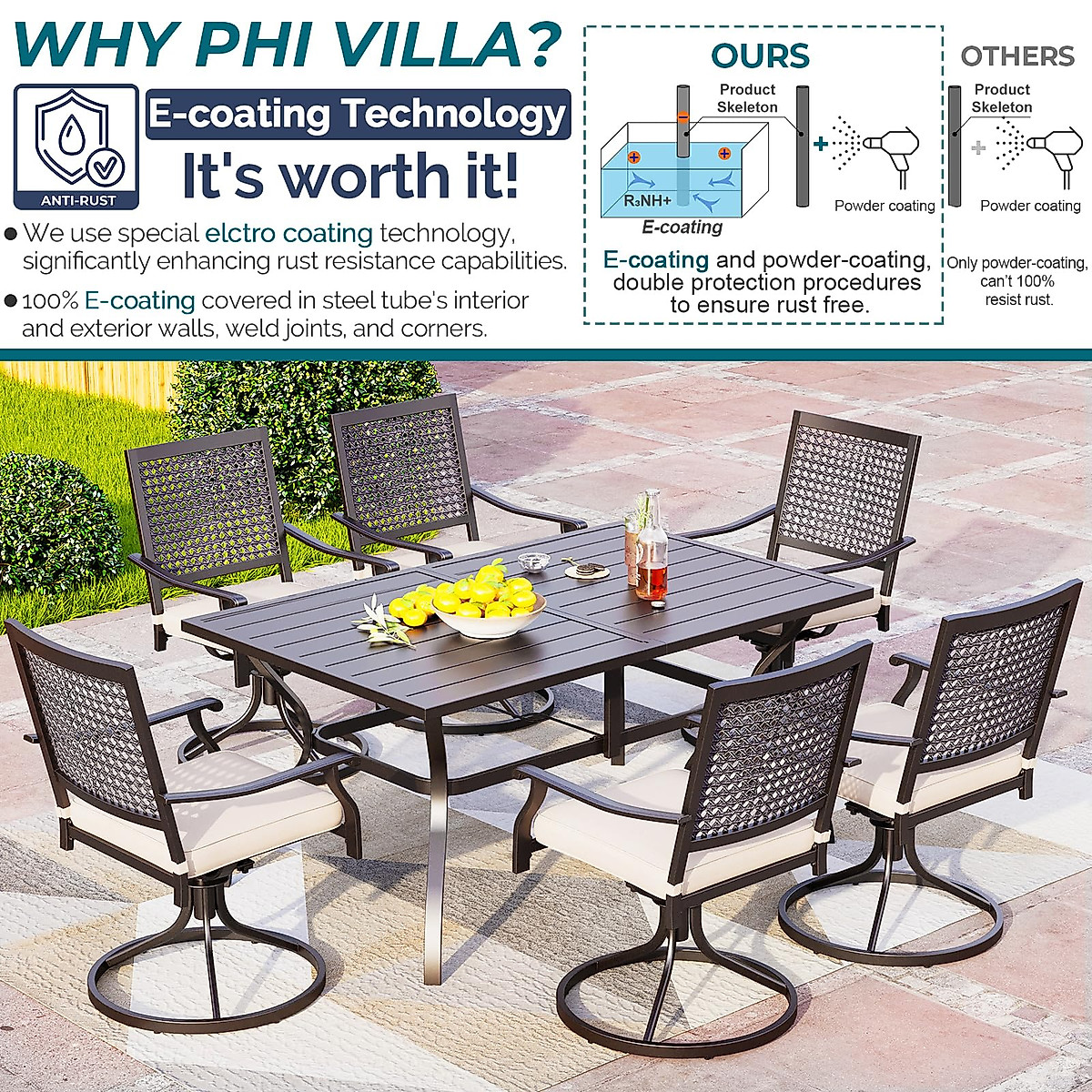 PHI VILLA Patio Dining Table Set for 6 Person Bistro Swivel Chairs with Cushion Contemporary Dining Table Outdoor Dining Set of 7 Pieces Conversation Set Patio Furniture for Outdoor Garden,Yard