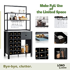 LOKO Bar Cabinet, Wine Storage Cabinet with Detachable Glass Holder and Racks, Kitchen Bakers Rack with Wine Rack, 31 x 16 x 64 inches (Black)