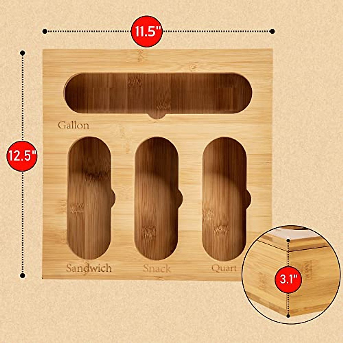 Spirack Ziplock bag organizer-Kitchen Drawer Organizer, Pantry Organization and Storage-Compatible with Gallon, Quart, Sandwich, and Snack Food Bags, Bamboo Baggie Organizer, with Hinged Lid (4 Slot)