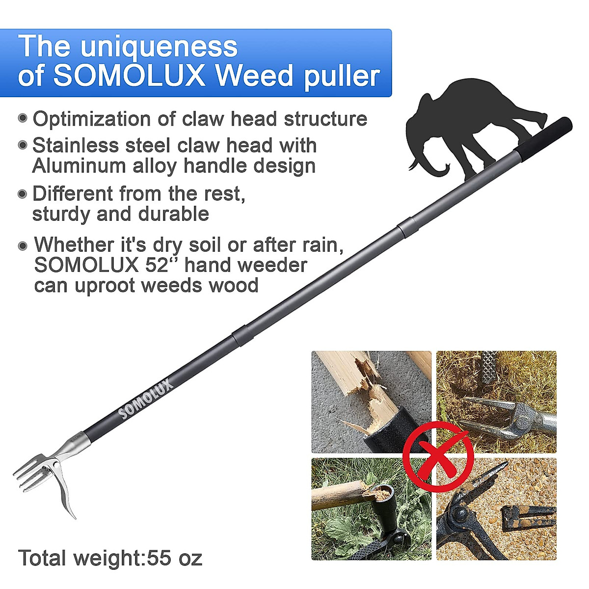 SOMOLUX 52'' Weed Puller Stand-up Weeder Weeding Tool for Gardening Heavy-Duty Stainless Steel Claw with Long Metal Handle Weed Remove Tool for Lawn/Yard and Garden Without Bending or Kneeling