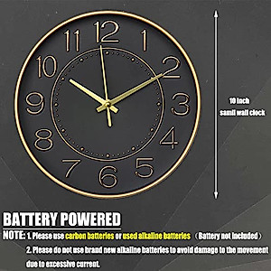 HZDHCLH 10 inch Small Wall Clocks Battery Operated,Black and Gold Quartz Round Clock for Wall,Silent Non Ticking Modern Wall Clock for Living Room Bedroom Kitchen Office School Classroom Decor
