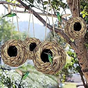 winemana 4 Pack Hanging Hummingbird Nest House for Outside, Ball Shape, Hand Woven, Durable Sturdy, Made of Natural Grass, Perfect for Garden Patio Lawn Office Indoor