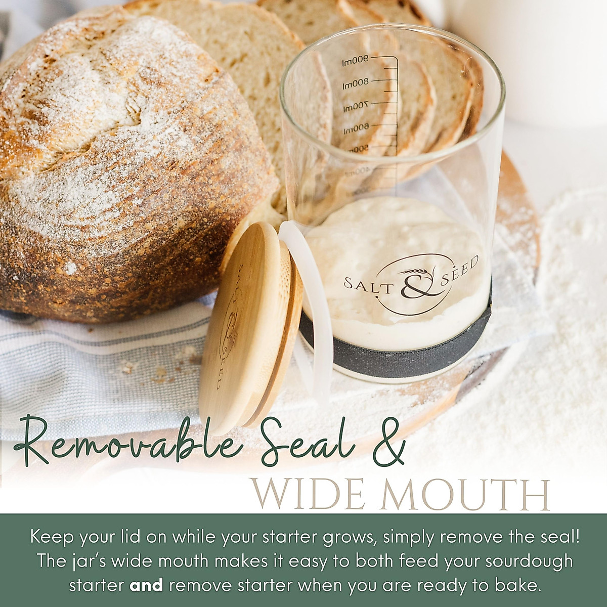 Essential Sourdough Starter Jar Kit (34 oz.) - Sourdough Jar Wide Mouth with Black Silicone Spatula, Elastic Tracking Band, and Bamboo Lid- Sourdough Kit - Sourdough Starter Kit Beginners