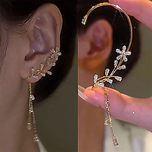 Zircon Leaf Tassel Ear Cuff Clip - Shiny Zircon Flower Tassel Ear Clip, Fashion Water Drop Metal Earrings, No Piercing Wrap Jewelry Earring for Women(1 Pair)