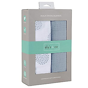 Ely's & Co. Cotton Muslin Swaddle Blanket 2-Pack for Baby Boy — 100% Cotton Muslin Extra-Large Swaddle Blankets (47” x 47”) Misty Blue, Solid & Dottie Design