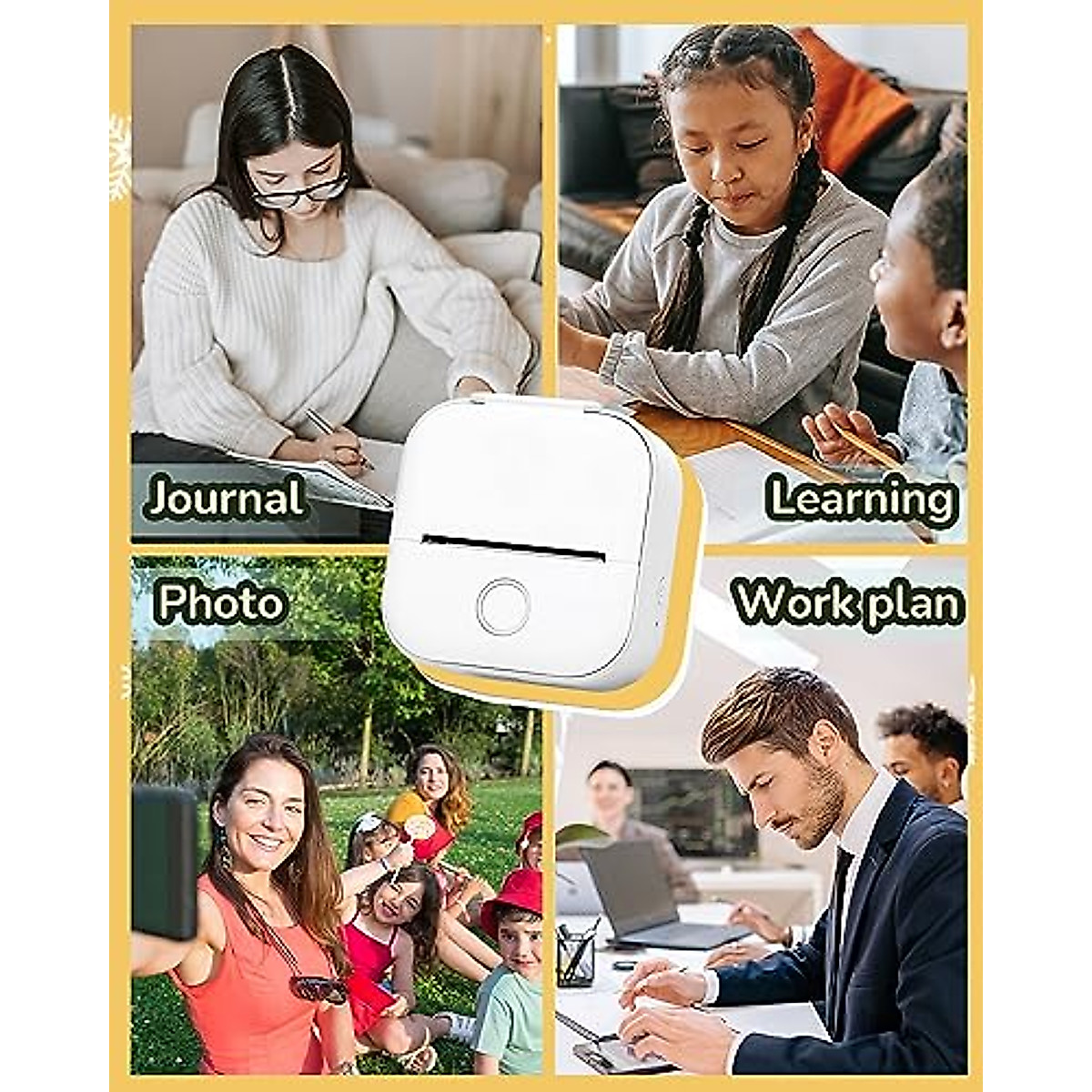 Memoqueen Mini Sticker Printer with 3 Rolls Paper T02 Mini Portable Thermal Printer,Sticker Maker Machine for Study, Brithday Gift, Journal, Work, Children DIY, Compatible with Phone & Tablet, White