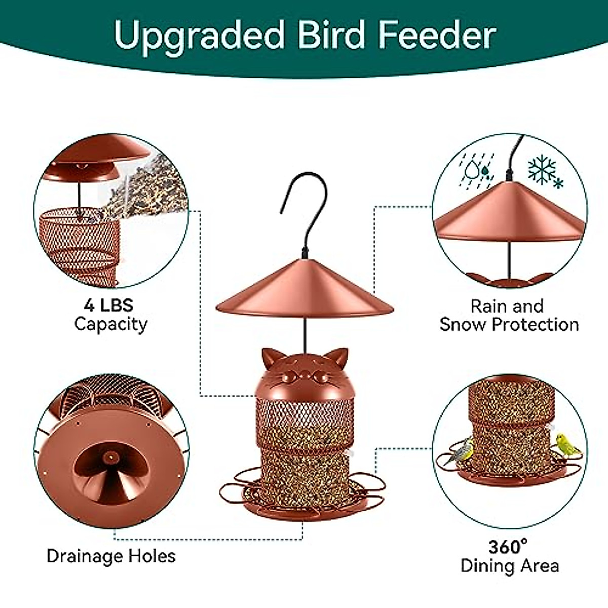 CEED4U Bird Feeder for Outdoors 4LB Seeds Retractable Large Wild Bird Feeders with Hook and Cover Metal Hanging Bird Feeders Garden Yard for Outside Cute Cat Shaped Brown