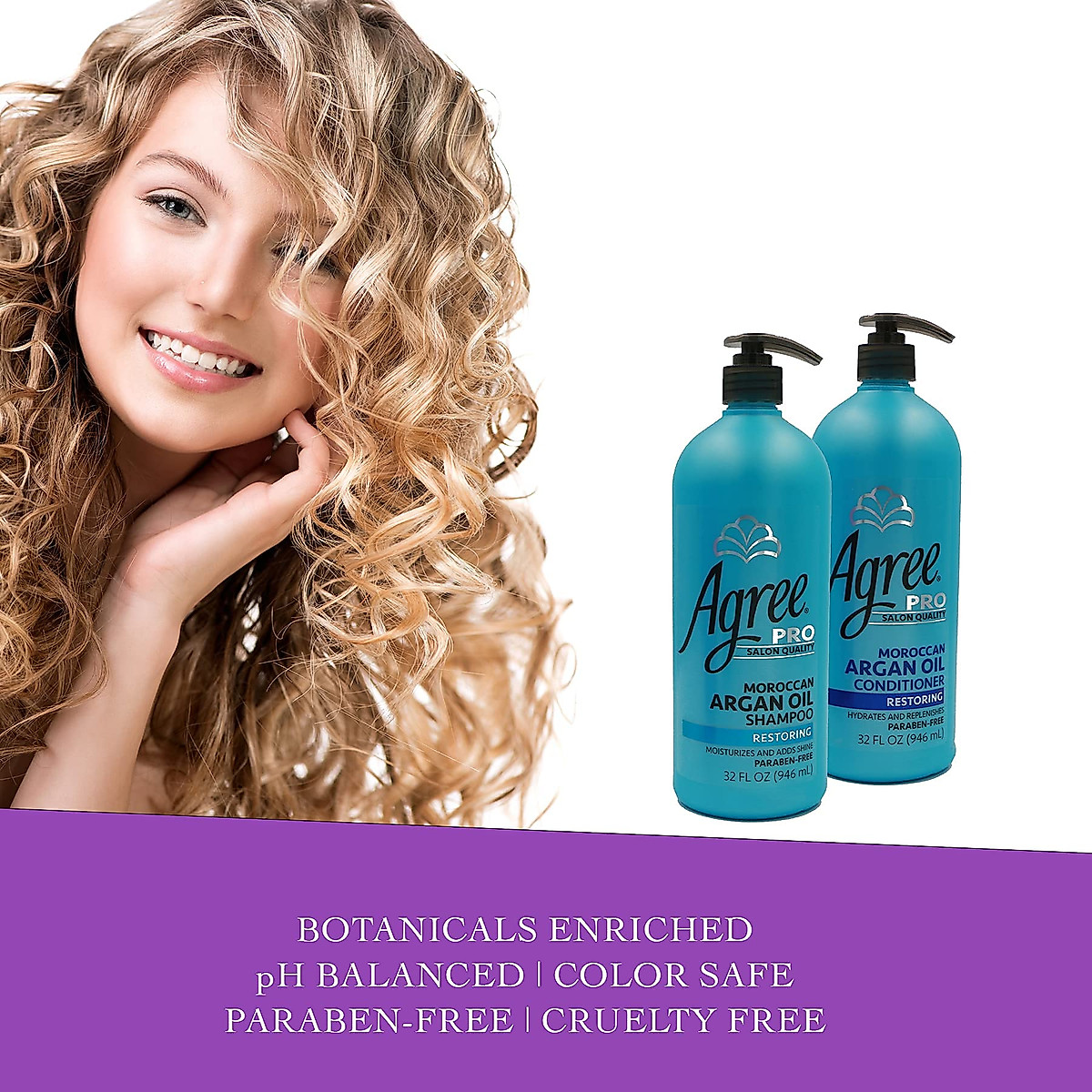 Agree Pro Moroccan Argan Oil Shampoo and Conditioner Set, Repairing and Deep Moisturizing (2x32 oz/ 946 ml bottles)