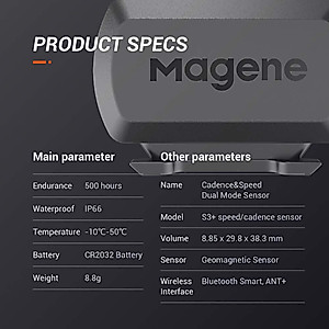 Magene S3+ Outdoor/Indoor Speed/Cadence Sensor for Cycling, Wireless Bluetooth/Ant+ Bike Computer RPM Sensor for Road Bike or Spinning Bike and Trainers Compatible with Onelap, Wahoo Fitness, Zwift