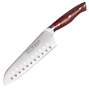 Ergo Chef Crimson Series 7" Santoku Japanese Chef Knife Forged High Carbon X50CrMoV15 German Stainless Steel - Hollow Ground Blade - G10 Handle