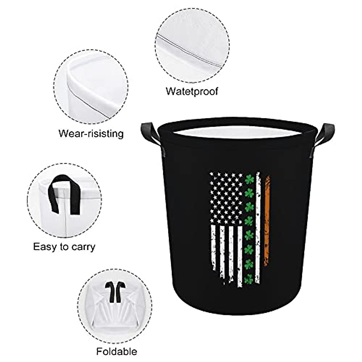 Irish American USA Flag Shamrock for St. Patrick's Day Oxford Cloth Laundry Basket with Handles Storage Basket for Toy Organizer Kids Room Nursery Hamper Bathroom