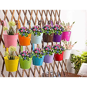 OUTFANDIA Hanging Flower Pots (10pcs), Balcony Garden Plant Planter Metal Iron Mini Flower Seedlings Brigade Fence Bucket Pots Hanger for Home Decor