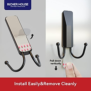 RICHER HOUSE Black Double Wall Hooks for Hanging, 4 Pack Removable Adhesive Wall Hooks with 5 Strips, Organize Damage-Free Sticky Hooks, Plastic Utility Hooks Heavy Duty for Coat, Towel, Hat, Key